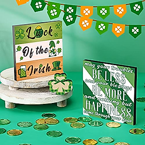 3 Pieces St. Patrick's Day Wood Decors Box Signs Irish Rustic Tabletop Decor Wood Block Plaque Shamrock Tiered Tray Decor May Your Blessings Luck of the Irish for St. Patrick Home Table Decorations