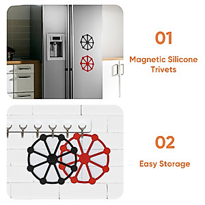 2PCS Magnetic Trivets for Hot Pots and Pans, Non-Slip Silicone Mats, Heat Resistant Magnetic Pads for Hot Dishes/Pots/Pans, Black & Red Double Sided Silicone Kitchen Trivets for Table Countertop