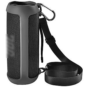 Silicone Case for JBL FLIP 6 Waterproof Portable Bluetooth Speaker, Gel Soft Skin Rubber Cover, Travel Carrying Storage Bag Pouch with Shoulder Strap and Carabiner - Black
