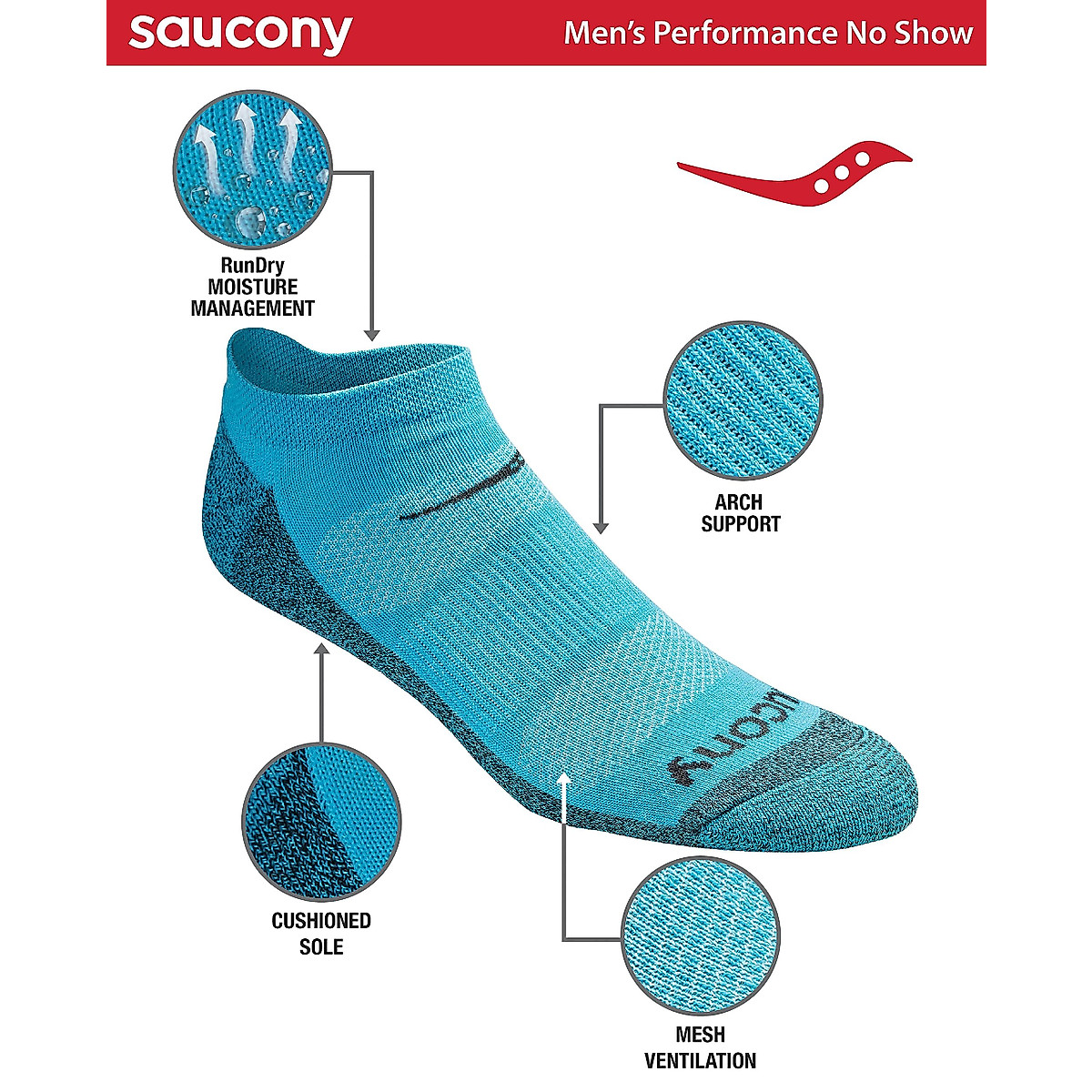 Saucony Men's RunDry Mesh Ventilating Comfort Fit Performance No-Show Socks, Available in M-XXL (6, 12, 18, Yellow Blue Charcoal Assorted (6 Pairs), Large