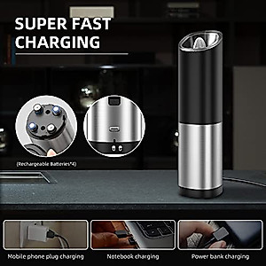 Rocyis USB Rechargeable Electric Salt and Pepper Grinder-Gravity Automatic Spice Mill w/LED Light, Adjustable Coarseness, One Hand Operated Smart Kitchen Gadgets, Silver