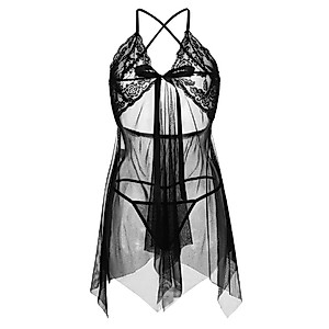 Toxz New Women Sexy Lingerie Screen Perspective Backless Sling Lace Underwear Pajamas,Chemise Teddy Babydoll,Deep V Sheer Perspective Floral Embroidered