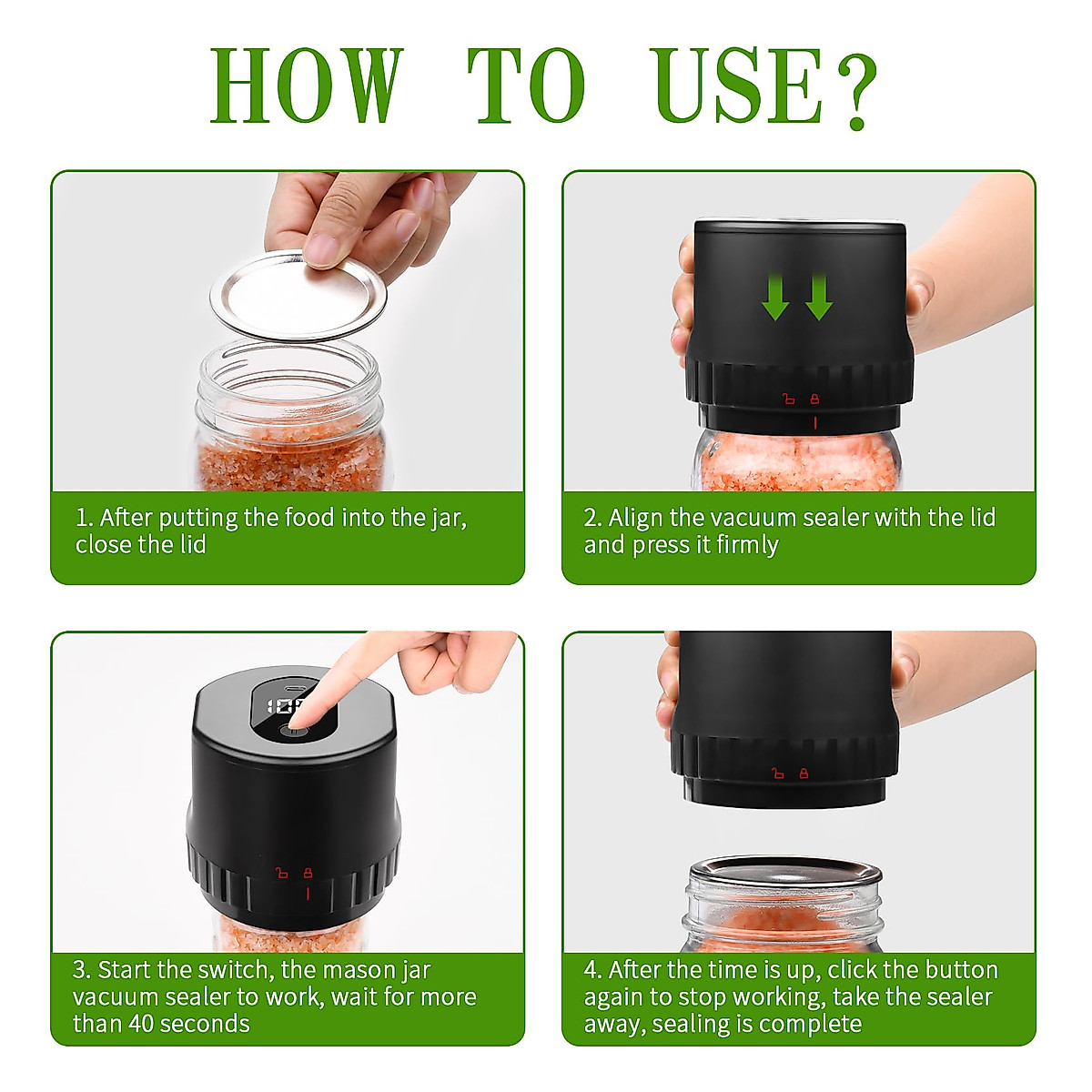 Electric Mason Jar Vacuum Sealer, Cordless Mason Jar Vacuum Sealer Kit for Wide Mouth and Regular Mouth Mason Jars, Portable Food Storage for Food Vacuum Storage