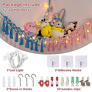 Stuffed Animal Net or Hammock with LED Light Stuff Toy Organizer Hanging Storage Net Handmade Boho Toys Storage Hammock Holder with Wood Beads for Children's Room Kindergarten Nursery (Blue and Pink)