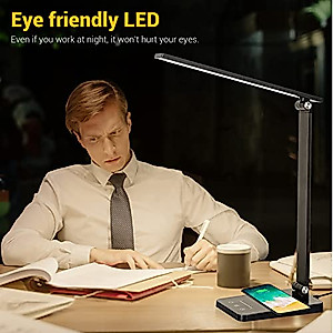 LED Desk Lamp for Home Office, 3 Levels Dimmable Desk Light with USB Charging Port, Small Study Lamp, Reading Light for Table, Deep Black, 5000K