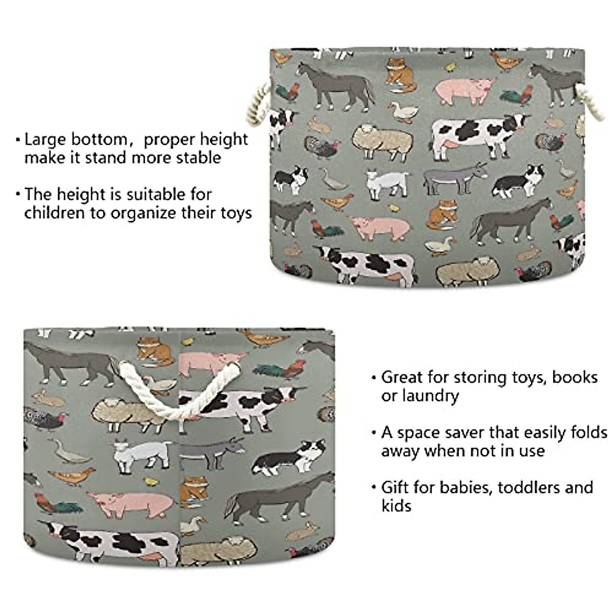 xigua Large Storage Basket Cotton Rope Basket Farm Animals Pattern Baby Laundry Basket for Blankets Toys Storage Basket Laundry Hamper