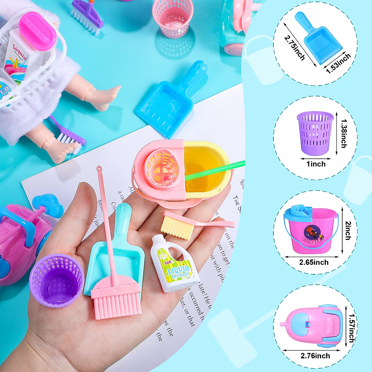 22 Pieces Miniature Bucket Doll Housework Cleaning Supplies Mini Dollhouse Accessories Mop Dustpan, Brush, Broom, Bucket Dollhouse Furniture Decoration Accessories for Dolls Pretend Play, Random Color