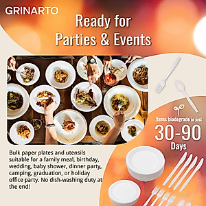 Grinarto Compostable Paper Plates Set 250PCS - Disposable Biodegradable 250 Heavy Duty Large 9 Inch Plate, Sturdy 7 Inch Dessert Plates, 7 Inch Cutlery - Eco-Friendly Bulk Dinner & Party Supplies