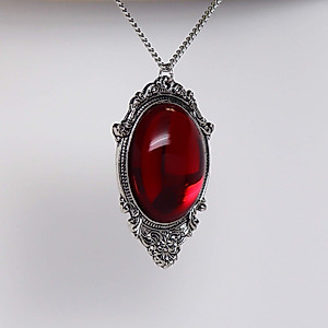 Blood Red Cabochon in Silver Finish Pewter Frame Pendant Necklace