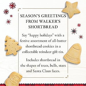 Walker’s Assorted Shortbread Cookies in Festive Shapes - Reindeer Shortbread Cookie Tin (8.8 oz) - Includes Christmas Tree, Bell, Star and Santa Claus Shaped Christmas Cookies in Tin