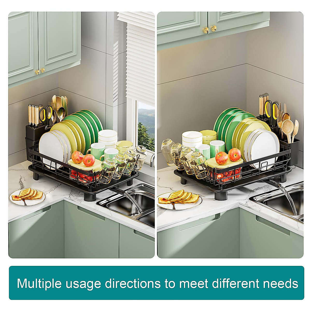 TC Lgog Dish Drying Rack for Kitchen Counter – Drainboard with 4 Slots Knife, Fork & Cup Holder Organizers, Rotating Swivel Spout, Durable Coated, Attractive Black