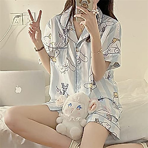 Oxsioeih Kawaii Silk Pajamas Set for Women & Girls Cute Cartoons Satin Button-down Shorts Two-piece Pj Sets Cardigan Sleepwear Loungewear for Summer
