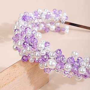 Kercisbeauty Purple Crystal and Pearl Hair Tiara for Girls Prom Wedding Bridal Handmade Crown Women Special Occasion Boho Jewelry (Purple)
