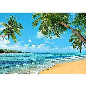 Summer Tropical Hawaii Palm Tree Or Beach Photography Backdrops 7X5FT Blue Sea Sky Sunshine Luau Party Photo Background Wedding Bride Shower Baby Birthday Party Banner Supplies Props Vinyl