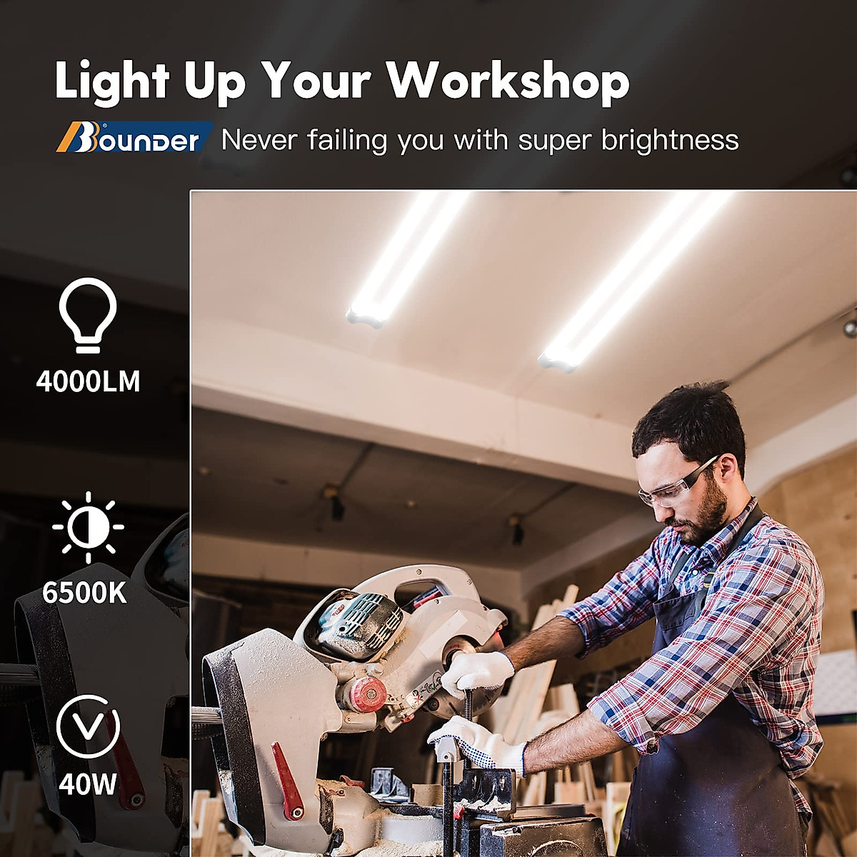 BBOUNDER 10-Pack Linkable LED Utility Shop Light, 4 FT, 4000 LM, 6500K Cool Daylight, 48 Inch Integrated Fixture for Garage, 40W Equivalent 250W, Surface + Suspension Mount, White