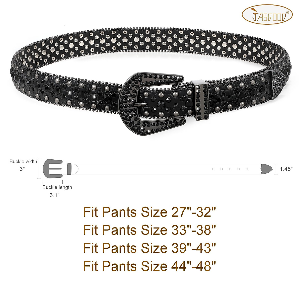 JASGOOD Cowboy Cowgirl Rhinestone Belt for Jeans, Men and Women Crocodile Grain Leather Studded Belt, E-Black, Suit Pants Size 27”-32”
