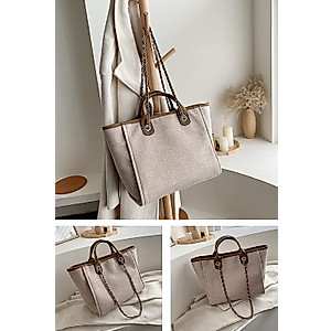 XACKWUERO Women Fashion Classic Canvas Bag Large-Capacity Shoulder Handbag Tote Shopper Bag with Chain Shoulder Strap (Khaki)