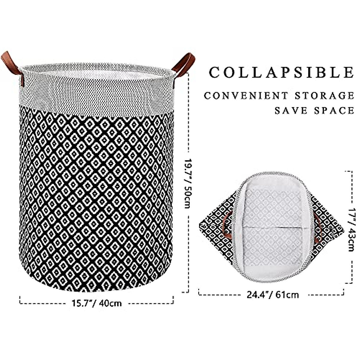 [2 Pack] Large Laundry Hamper Basket, 63L Freestanding Waterproof Clothes Basket, Collapsible Round Bohemia Storage Organizer with Leather Handles for Dirty Clothes, Home Storage (Black)