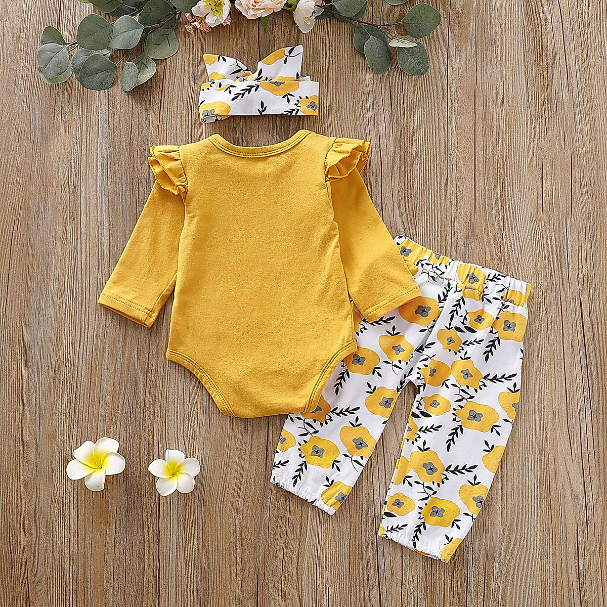 PigMaMa 3 Pcs Infant Baby Girl Clothes Ruffle Long Sleeve Romper Flower Trouser Headband Outfits Sets 0-6 Months
