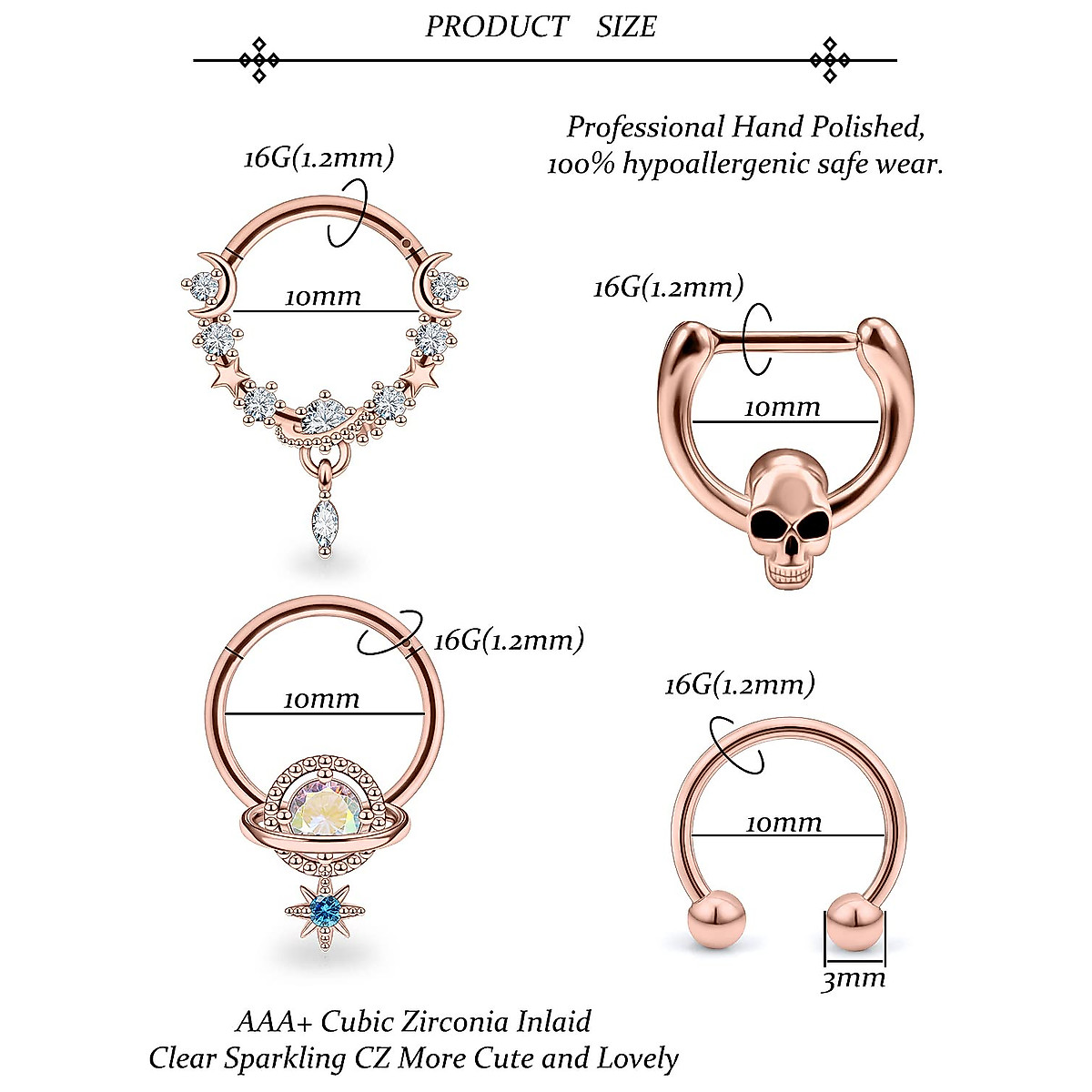 Vsnnsns 16G Septum Jewelry Septum Ring Piercing Jewelry Septum Clicker Ring and Horseshoe Barbell Stainless Steel Septum Nose Rings Hoop for Men Women Rose Gold 10mm 12pcs