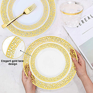 350 Piece Dinnerware Set for Wedding & Party,50 Guest Lace Design Plastic Plates,50 Plastic Silverware,50 Cups,50 Linen Like Napkins,50 Guest Disposable Dinnerware Set (Gold)