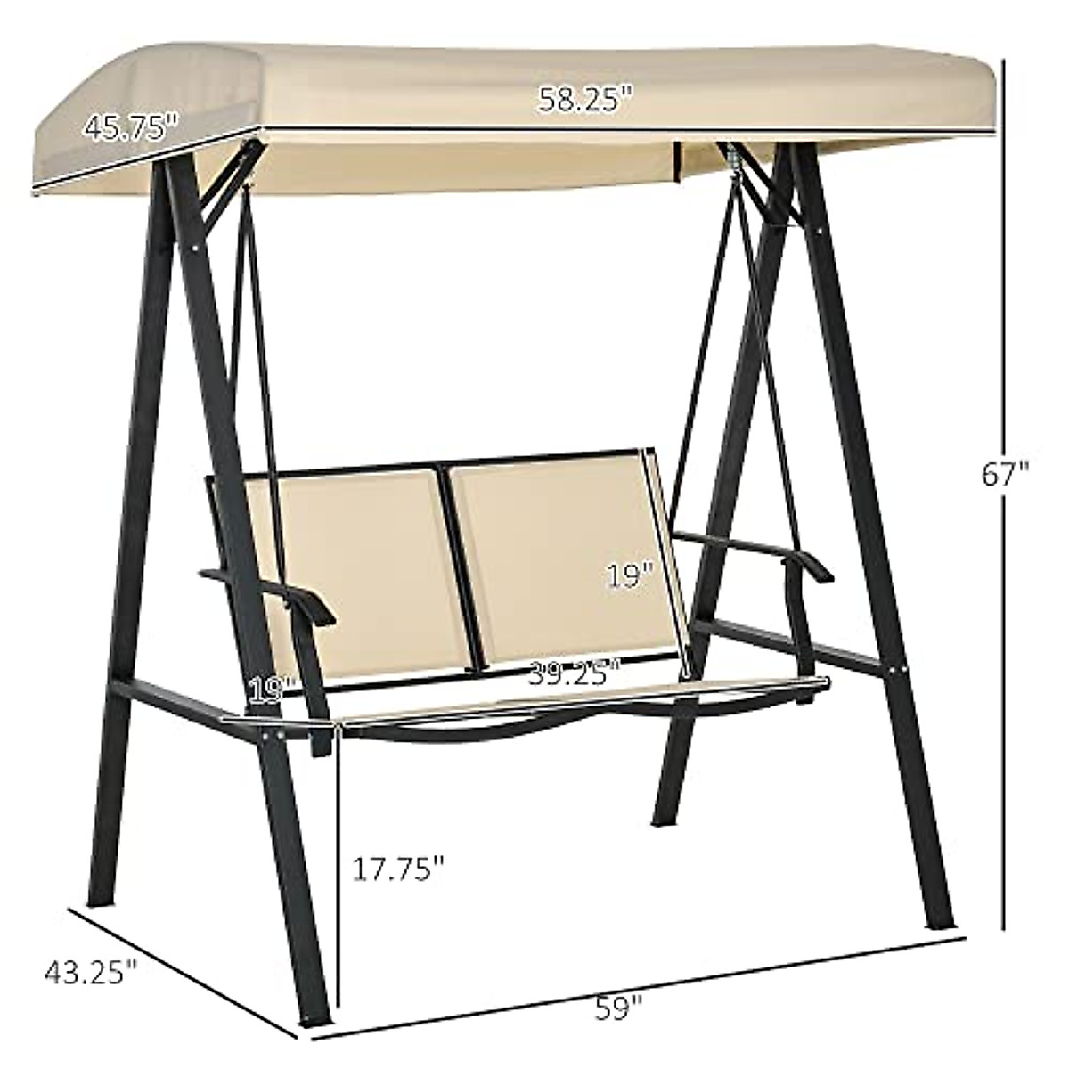 Outsunny 2-Person Patio Swings with Canopy, Outdoor Canopy Swing with Adjustable Shade, Breathable Mesh Seats and Steel Frame for Garden, Poolside, Backyard, Beige