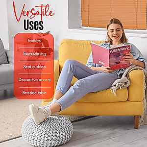 ELYFLAIR® Pouf Ottoman Hand Knitted – Elegant and Simple Knitted Pouf – Multipurpose Handmade Pouf Ottoman for Bedroom, Living Room – Comfortable Cotton Ottoman Foot Rest (White, 17,7⌀ inches)