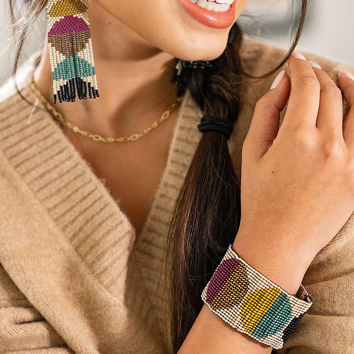 INK + ALLOY Women's Muted Circles Stretch Beaded Cuff Bracelet Handmade Jewelry for the Modern Bohemian