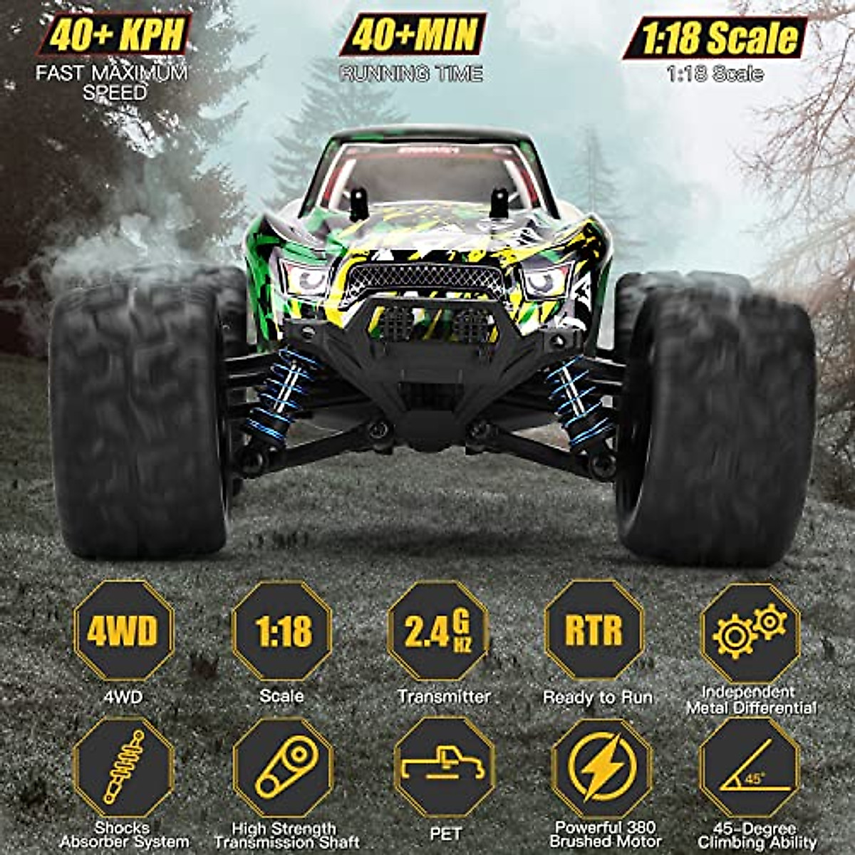 WIAORCHI 1:18 Scale 2.4Ghz All-Terrain RC Cars, 40KM/H High Speed 4WD Remote Control Car for Adults Kids, Waterproof Off -Road RC Monster Trucks with 2 Batteries for 40Min Play, RC Toys Gifts for Boys