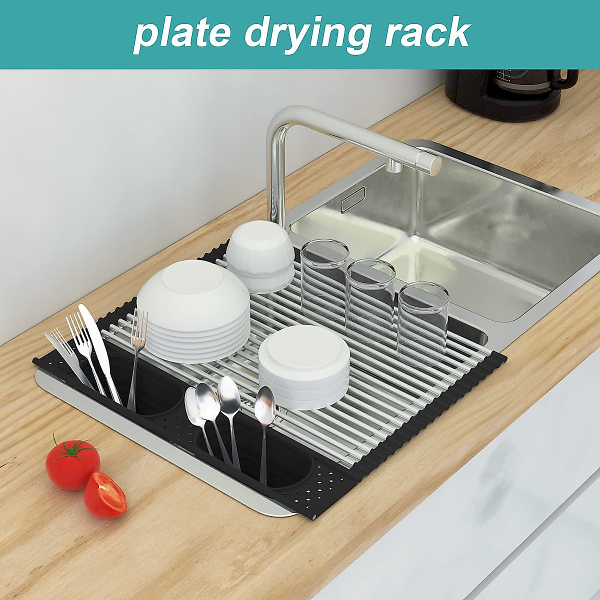 AIANDE Roll Up Dish Drying Rack Sink Drying Rack Over The Sink Dish Drying Rack Sink Topper Foldable Sink Cover Collapsible Dish Drying Rack for Kitchen Anti-Slip Silicone and SUS304 Material