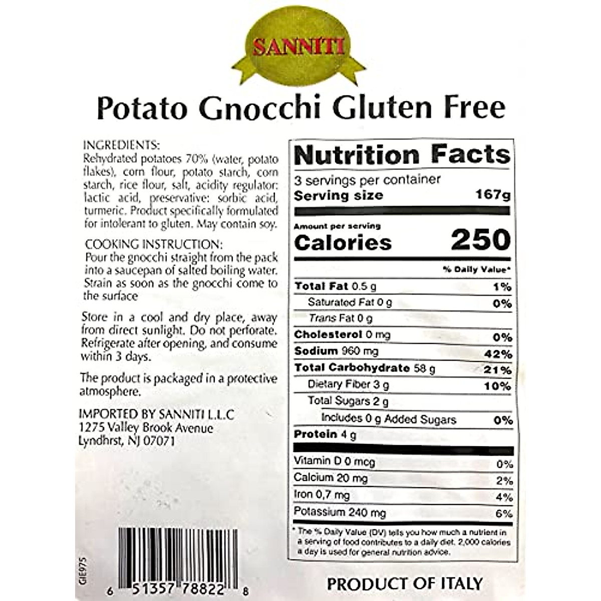 Sanniti Italian Gluten Free Potato Gnocchi, 17.5 oz (500 g) (Pack of 4)