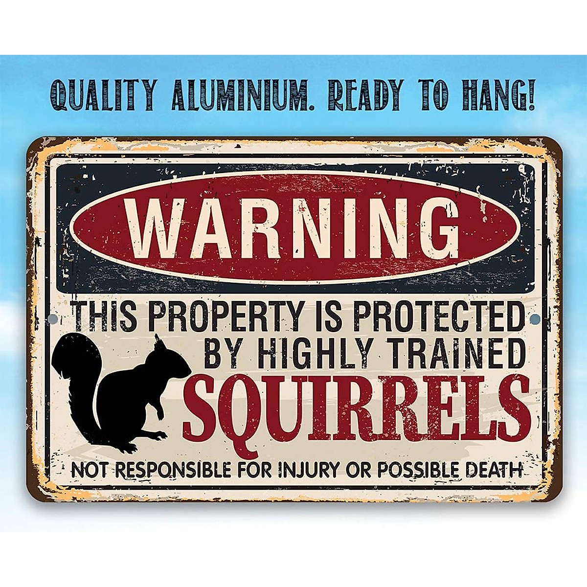 Metal Sign - Warning Property Squirrels - Durable Metal Sign - Use Indoor/Outdoor - Cute and Funny Garden Decor and Gift Under $20 (8" x 12")