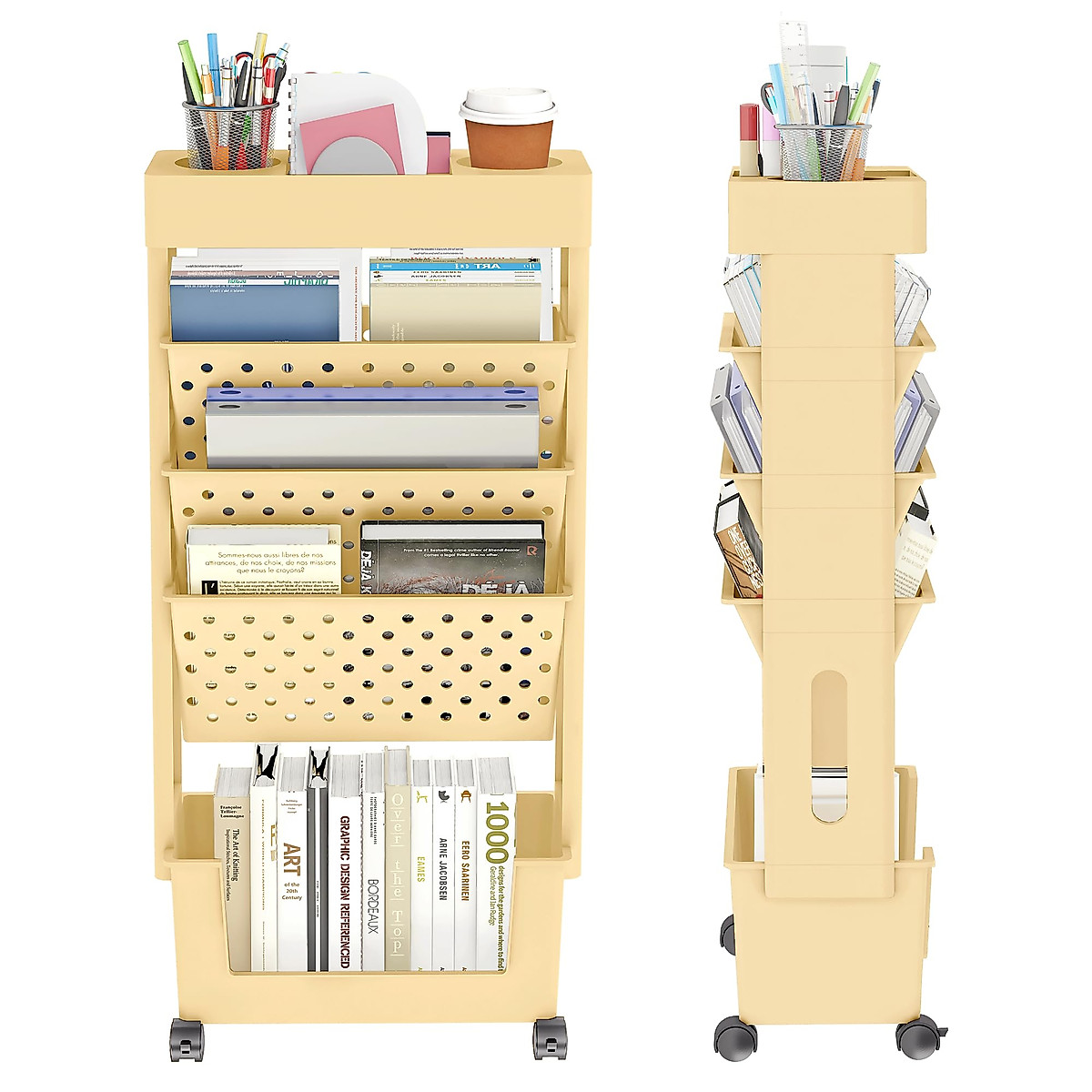 YEMUNY 5 Tier Rolling Utility Cart Multi-Functional Movable Storage Book Shelves with Lockable Casters for Study Office Kitchen Classroom, Yellow