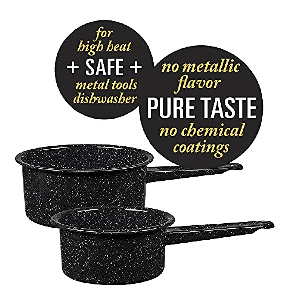 Granite Ware 1 qt y 2 qt saucepan set. Enameled steel great for camping, outdoor use, suitable for oven and direct fire.