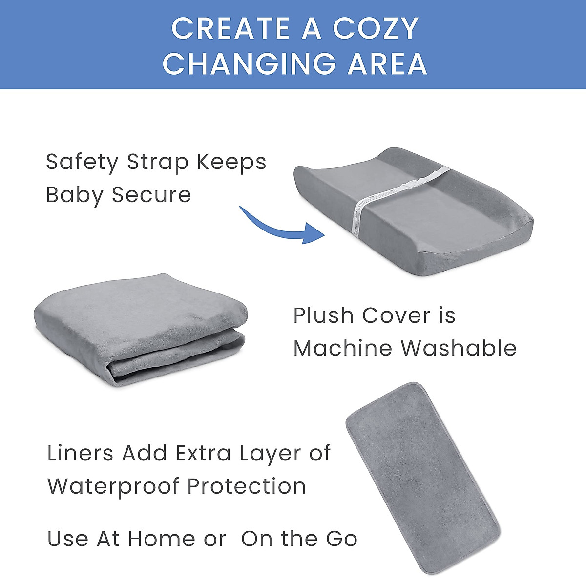 Delta Children 7-Piece Essential Changing Table Set - Newborn Baby Gift Set for Boys and Girls – Set Includes Changing Pad, Plush Changing Pad Cover, 3 Changing Pad Liners and 2 Storage Bins, Grey