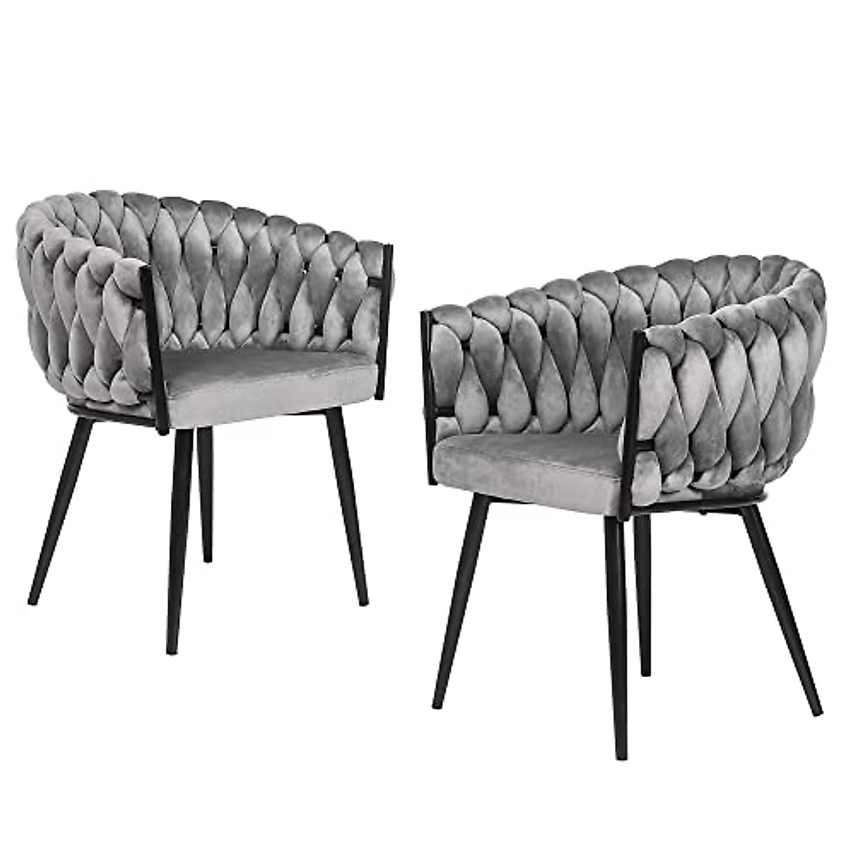 Adeco Velvet Dining Set of 2, Modern Accent Arm Living Room Black Metal Legs, Upholstered Leisure Chair with Hand Woven Backrest for Kitchen Side Table, Grey
