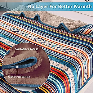 Qucover Flannel Blanket Boho Blue Stripe Reversible Sherpa Throw Blanket Large, Luxury Bohemian Plush Flannel Throws for Sofa Couch Bed, 60x80 Inch