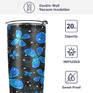 foixnub Blue Butterfly White Floral 20oz Tumbler Insulated Coffee Cup Wine Tumbler Stainless Steel?Reusable Water Bottle Double Walled Travel Mug Thermal Cup for Hot Cold Drinks