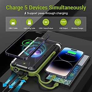 Fokimdo Solar Charger Power Bank 36800mAh, Wireless Charging, Built-in 2 Cables with Emergency Radio & Flashlight, Waterproof Fast Charge for Hiking, Camping, Travel, and Emergency Preparedness