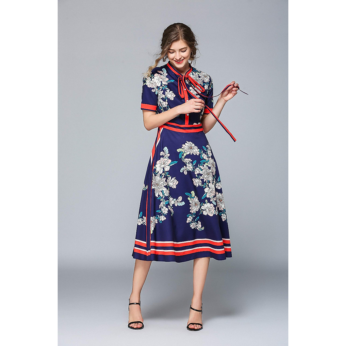 LAI MENG FIVE CATS Women's Floral Print Button up Midi Dress Casual A-line Shirt Dresses