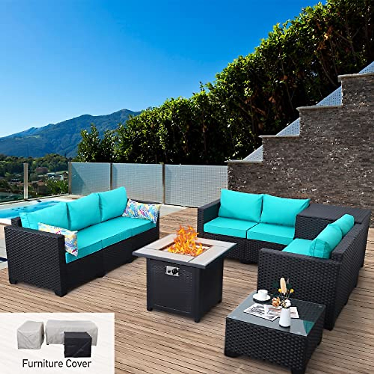 Rattaner 6 PCS Patio Furniture Set Fire Table Outdoor Furniture Sets Gas Fire Pit with Outdoor Storage Box Glass Coffee Table and Waterproof Covers Anti-Slip Turquoise Cushions