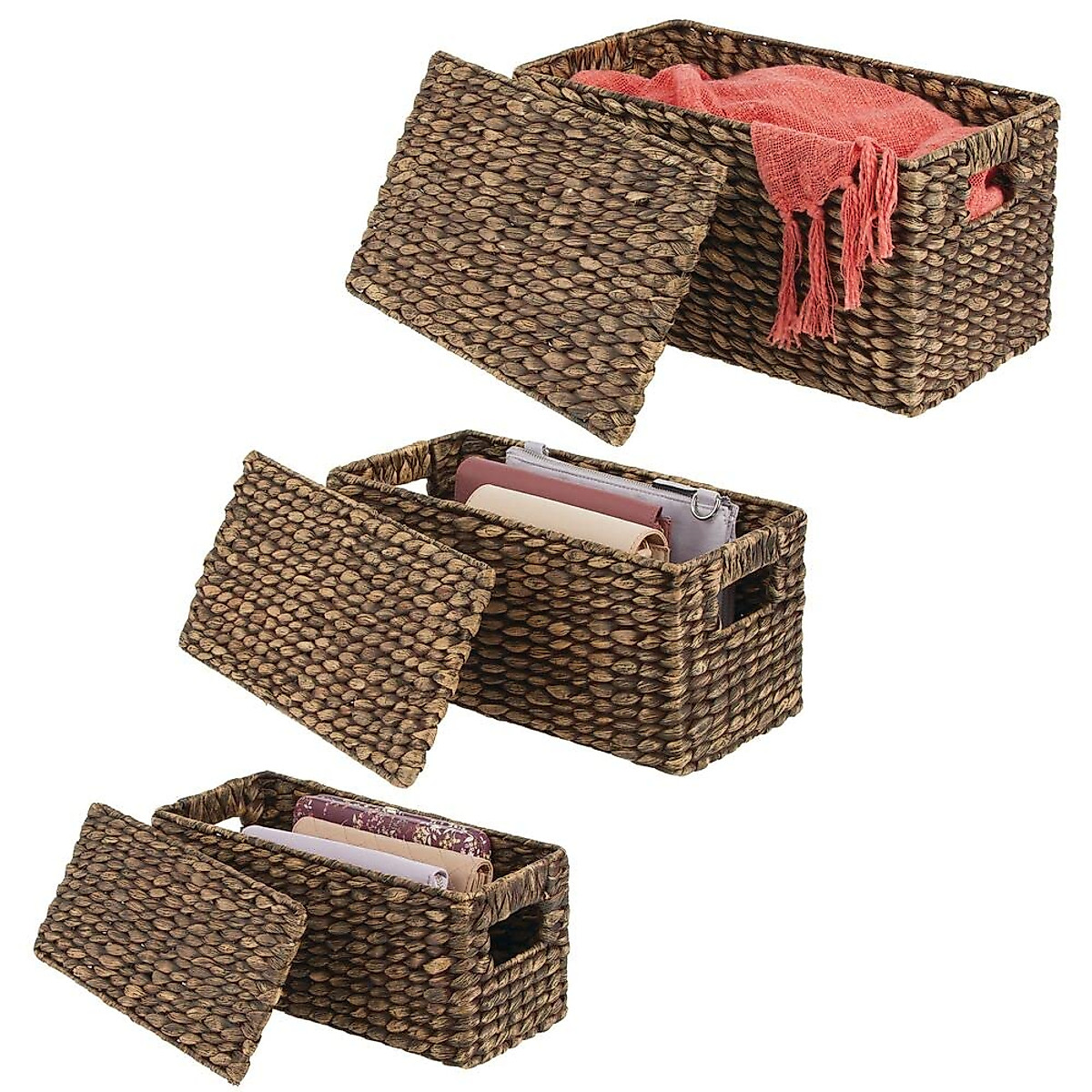 mDesign Woven Water Hyacinth Rectangle Storage Organizer Basket Bin with Topper Lid and Handles - Natural Farmhouse Holder Containers for Closet, Bedroom, Bathroom, Office - Set of 3 - Dark Brown
