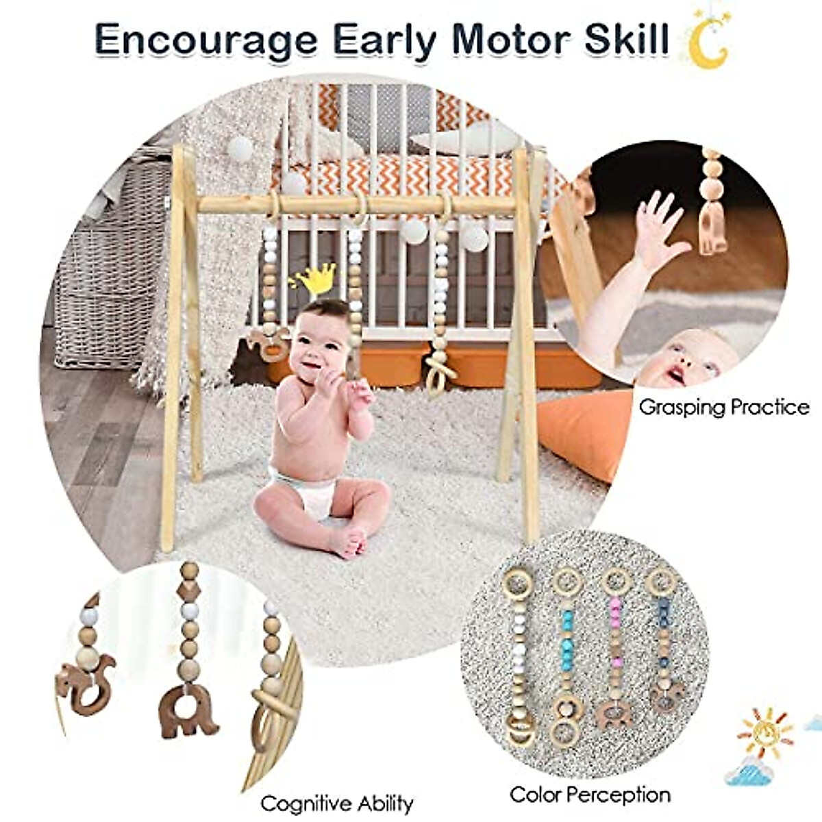 BABY JOY Portable Wooden Baby Gym, Foldable Baby Play Gym Frame with 3 Wooden Baby Teething Toys, Baby Exercise Activity Gym Hanging Bar Newborn Baby Gift (Natural)