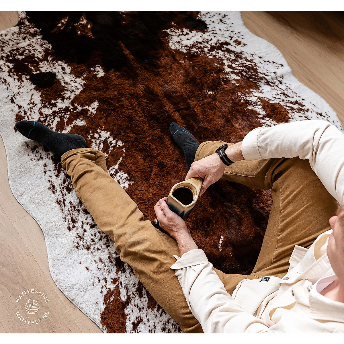 NativeSkins Faux Cowhide Rug – Earthy Browns (Oversized) | 6.2ft x 8.2ft | Triple-Layer Support | Ultra-Soft Pile | Hand-Cut, Faux Suede No-Slip Backing | Western Rug | Cow Hide Animal Print Rug