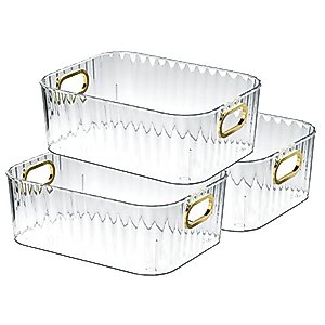 3 Pack Plastic Stackable Clear Storage Bins,Storage Container Basket with Handle for Office,Clear Organizer Bins for Kitchen Cabinet,Refrigerator,Food Pantry,Countertops, Bedrooms, Bathrooms