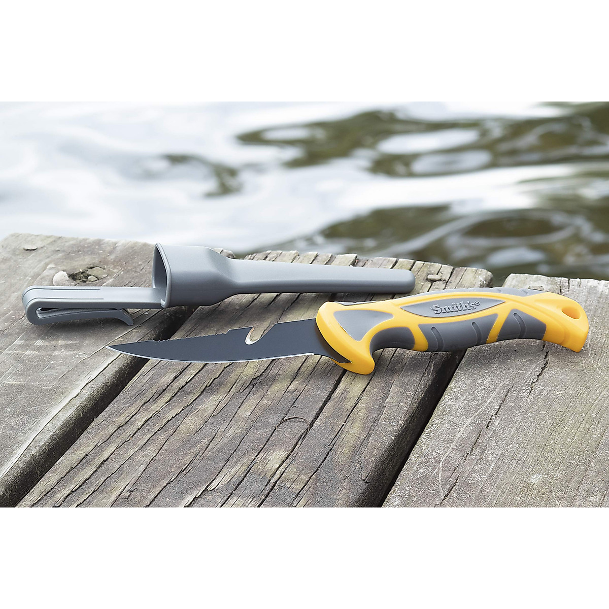 Smith’s 4” Lawaia Baitbreaker Fillet Knife w/ Gut Hook – Yellow & Grey – Corrosion-Resistant Stainless-Steel Blade - Serrated Edge - Plastic Sheath w/ Clip – Ergonomic Handle – Razor Sharp
