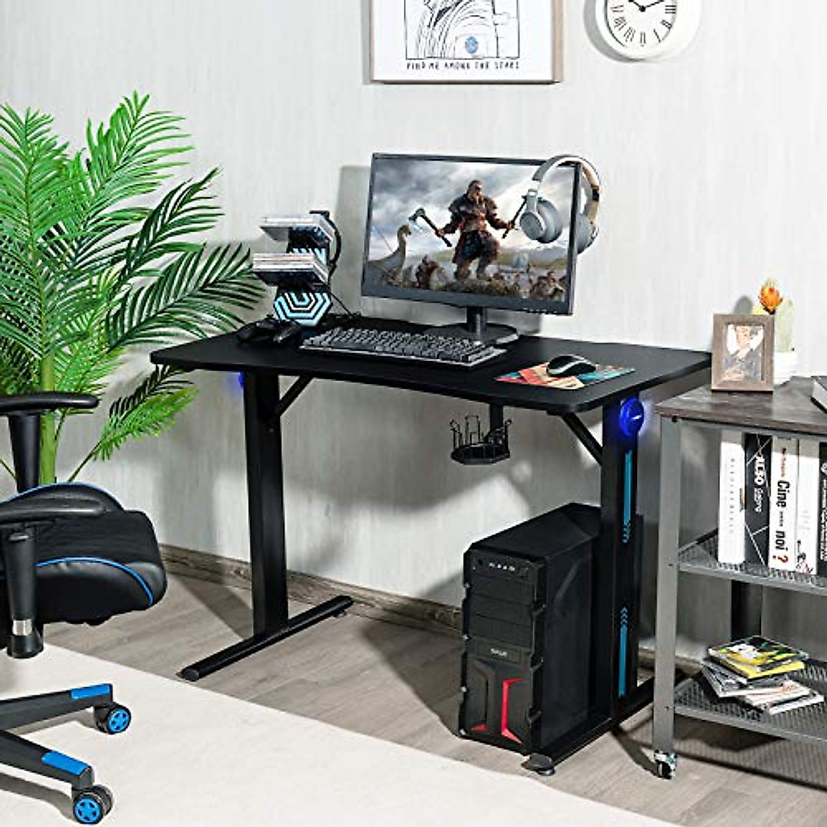 Tangkula Gaming Desk, T-Shaped Computer Desk w/Game Controller Stand, Cup Holder and LED Light, Ergonomic Home Office Game Station with Carbon Fiber Surface (Black)