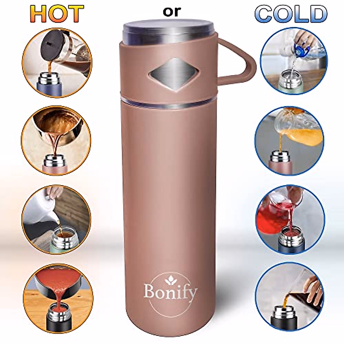 Bonify Stainless Steel Thermo Vacuum Insulated Flask Bottle With Cup-700 ml / 23.7 oz- Hot and Cold Drinks - Water, Coffee, Tea - For Office, School, Travel, Outdoor Activities, Sports (Pink)
