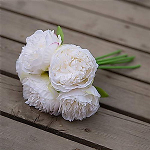 Eternal Blossom Silk Peony Bouquet, 5 Artificial Bouquets Bridal Bouquet Wedding Party Flower Home Garden Decoration (White)