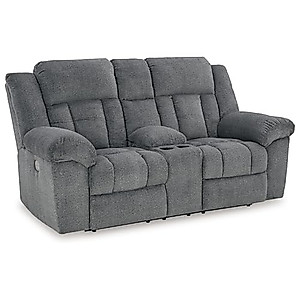 Signature Design by Ashley Tip-Off Modern Wall Hugger Power Reclining Loveseat with Adjustable Headrest, USB Ports, Storage and Cup Holders, Gray